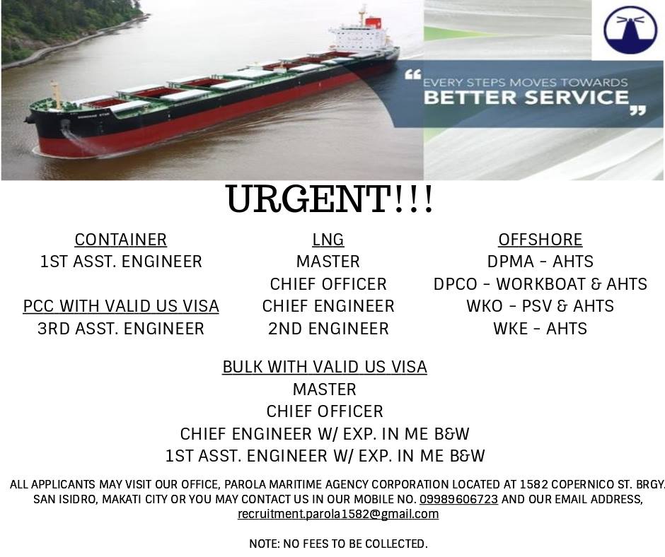 Hiring Crew For Offshore, Bulk Carrier, LNG, PCC Container Ship ...