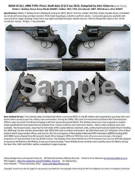 NEW ZEALAND ARMS REGISTER: NZAR # 311 Webley Green Revolver
