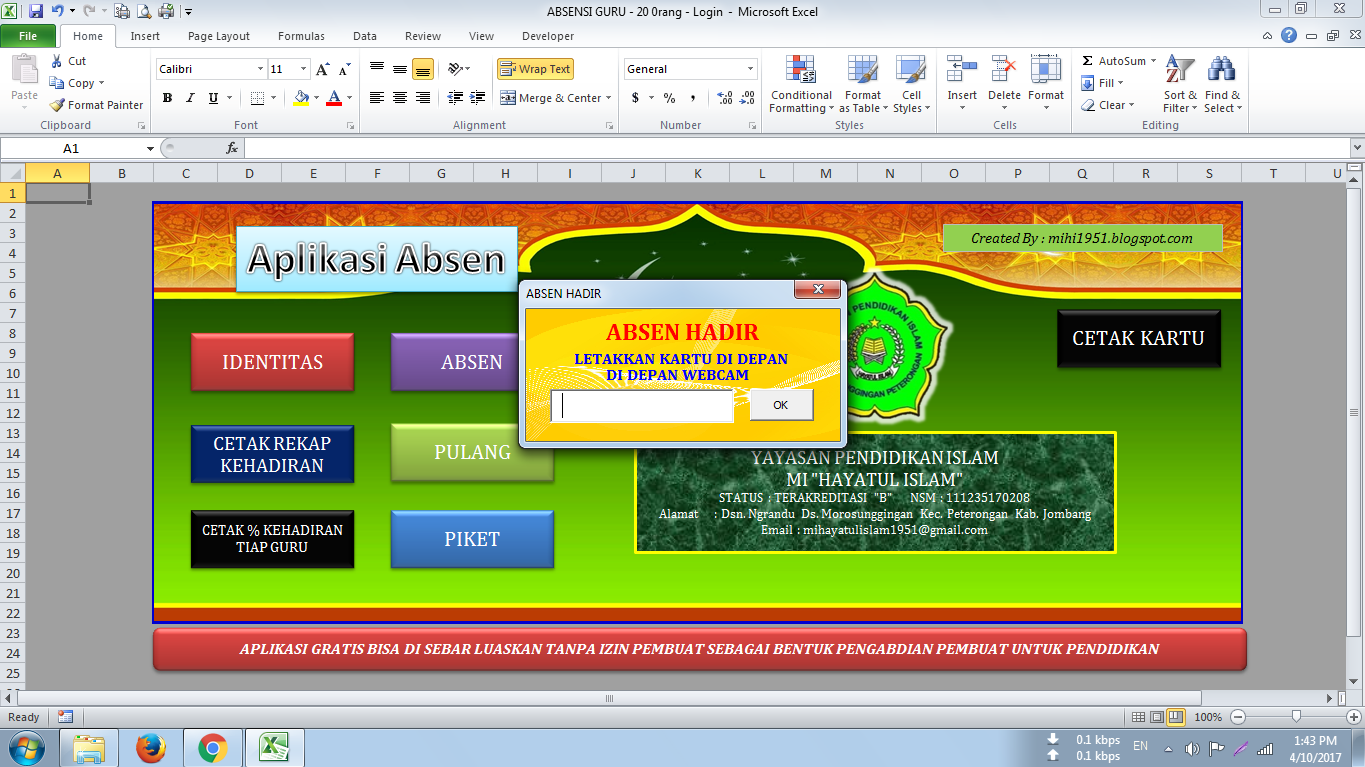 Aplikasi Absen Guru Excel menggunakan Kartu Barcode