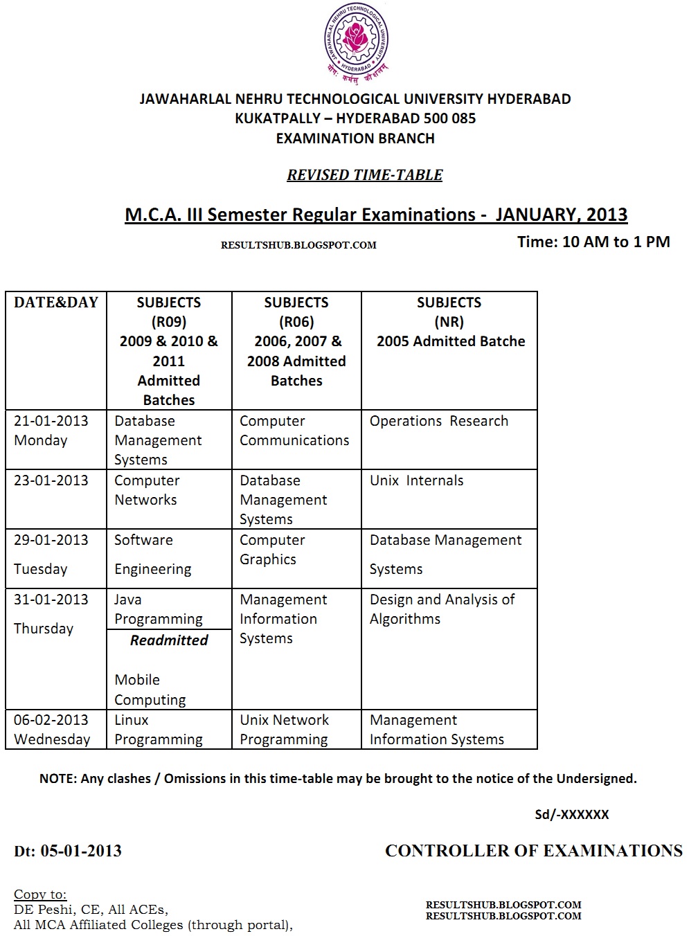 Jntuh Sem 3 Mca Jan 2013 Timetable