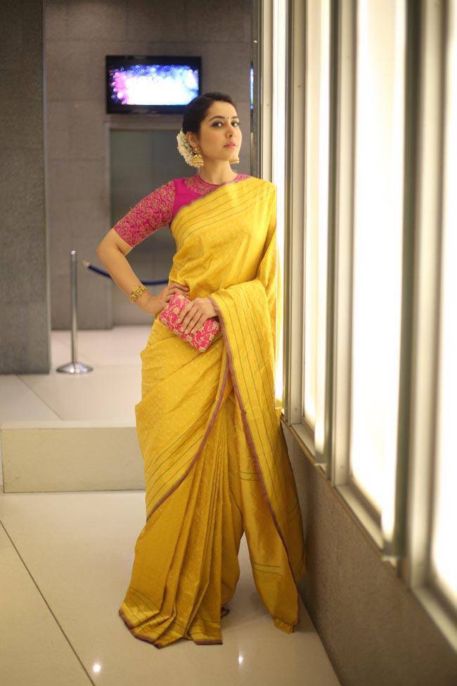 Glamorous Indian Girl Rashi Khanna Photos In Yellow Saree - Rashi Khanna