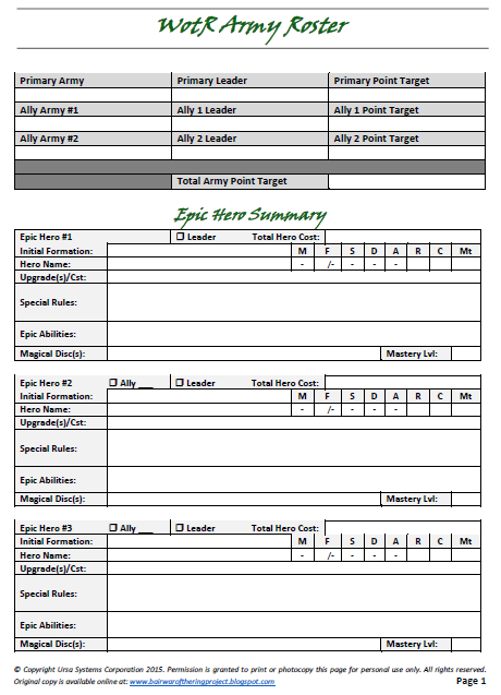 War of the Ring v2 Project: WotR Army Roster Sheet - Available for Download