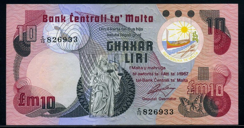 Malta paper money 10 Maltese Lira banknote 1979|World Banknotes & Coins ...