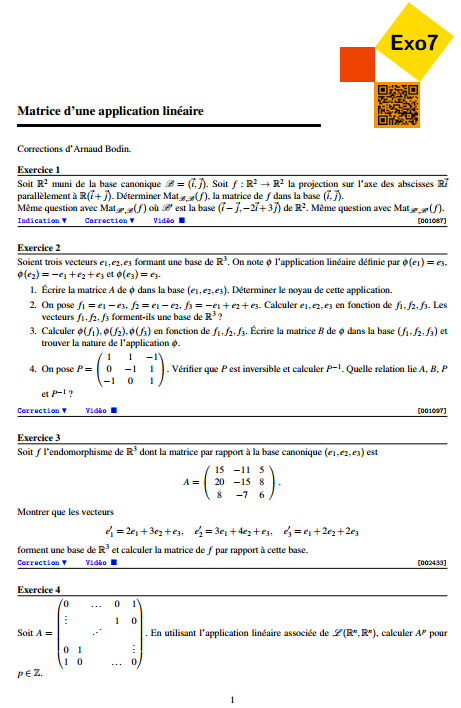 exercices corrigés Matrice d'une application linéaire | SMC