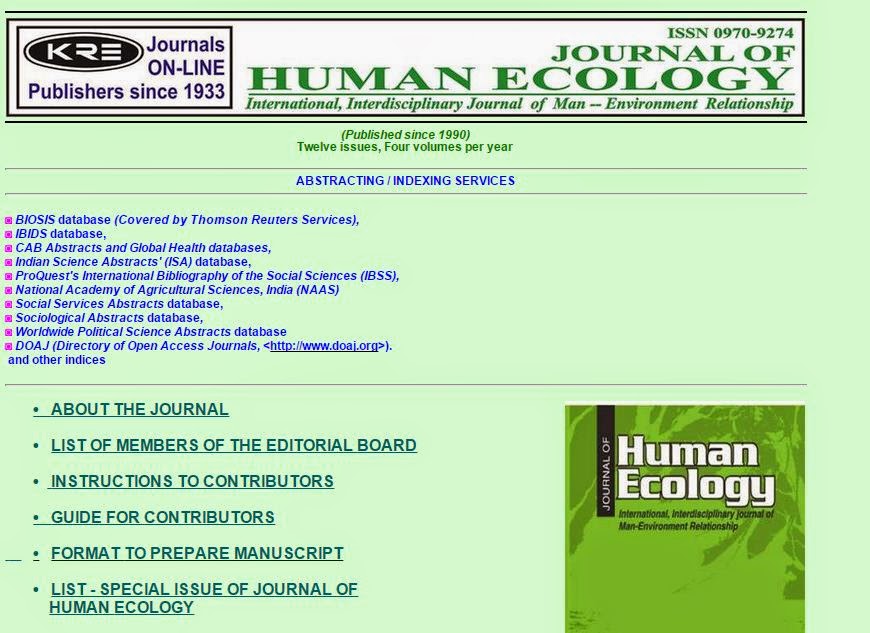 The Journal of Human Ecology (J Hum Ecol) ~ Free Journal Site