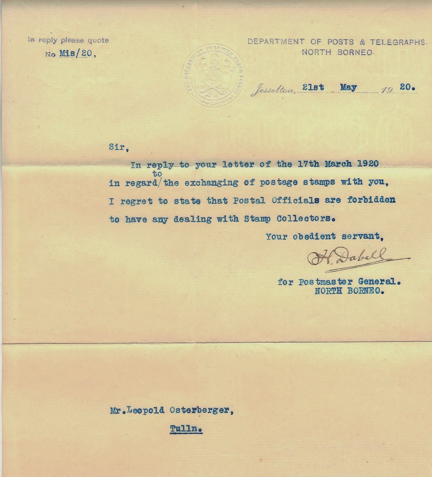 my North Borneo stamps: Two Postmaster letters and a return card