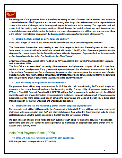 Revised (FAQs) related to proposed India Post Payments Bank ~ NUR'C ...