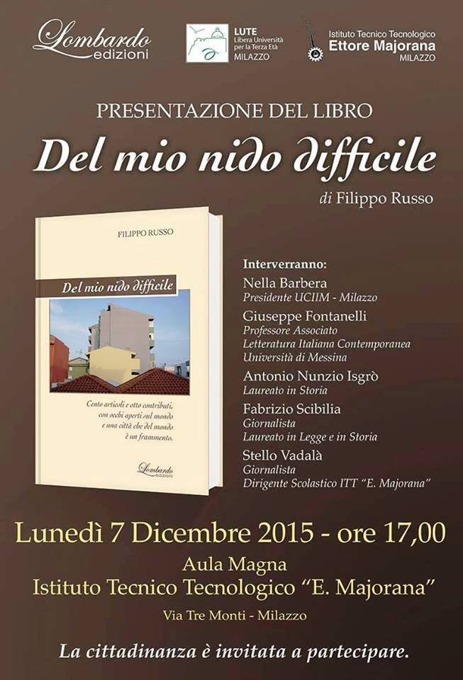 Milazzo: Presentazione del libro "Del mio nido difficile" di Filippo Russo