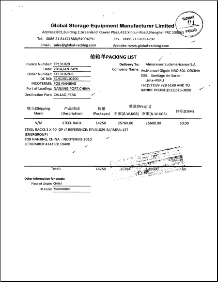Trabajo Final - Comercio Exterior - Racks de Almacenamiento: Packing List