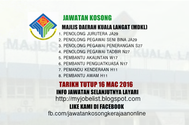 Jawatan Kosong Majlis Daerah Kuala Langat (MDKL) - 16 Mac 2016