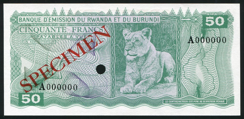 Rwanda-Burundi paper money 50 Francs banknote of 1960 Lioness|World ...