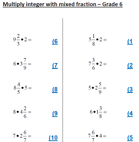 Math & Geometry: Worksheet - Multiply integer with mixed fraction – Grade 6