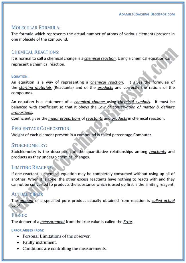 Adamjee Coaching: XI Chemistry Lectures - Fundamental Concepts of Chemistry
