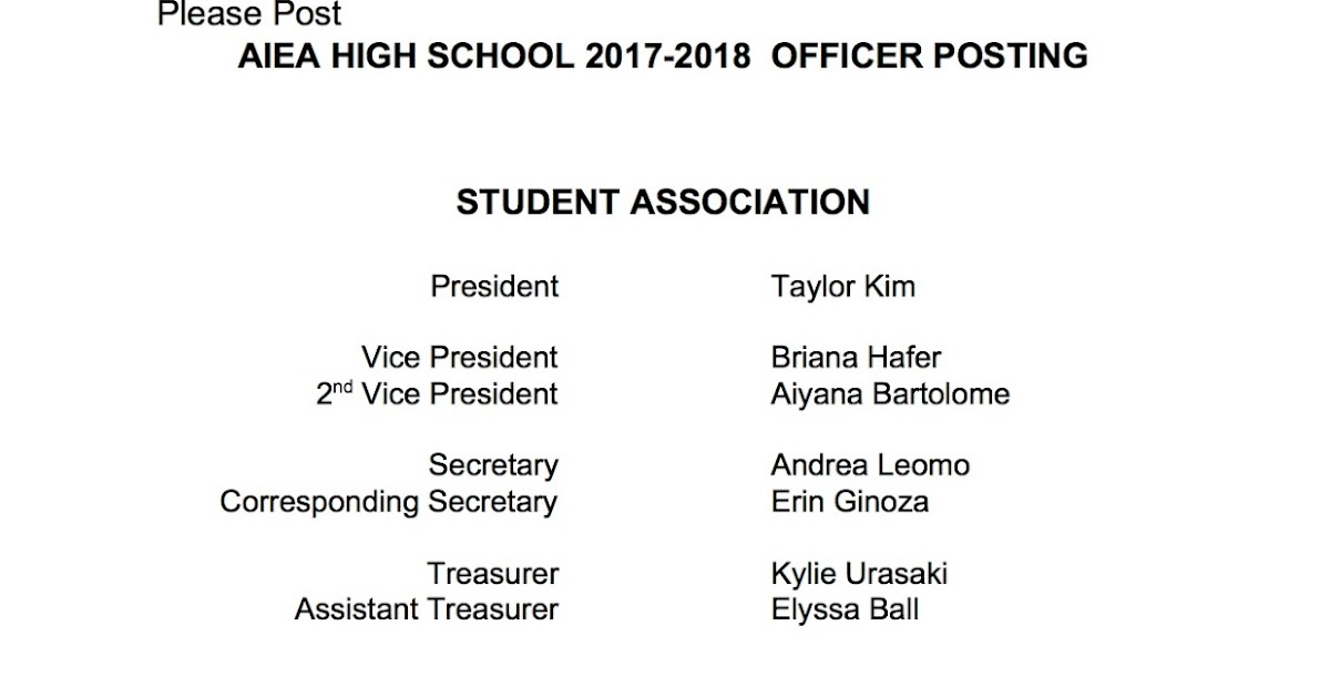 Aiea High School Student Govt. Officers for SY 2017-2018