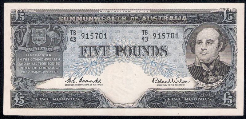 Australia 5 Pounds banknote 1960 Rear-Admiral Sir John Franklin|World ...