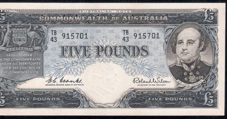 Australia 5 Pounds banknote 1960 Rear-Admiral Sir John Franklin|World ...