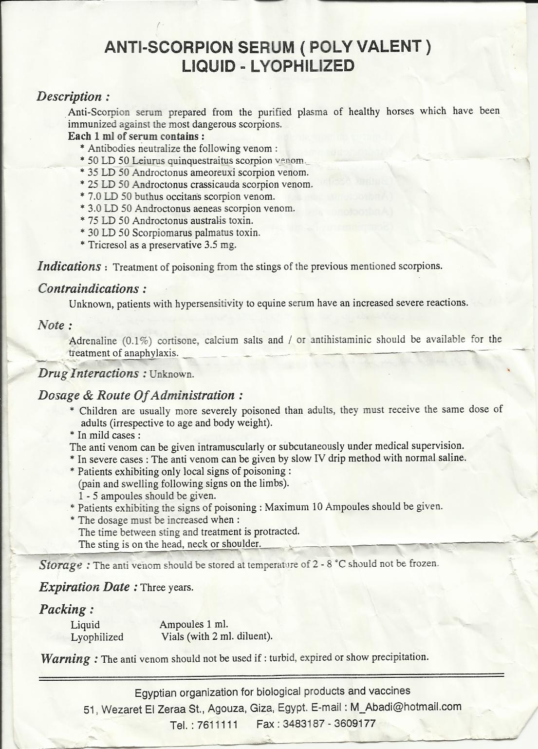 Drug Pamphlet: ANTI-SCORPION SERUM