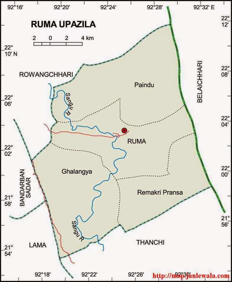 Ruma Upazila Map, Bandarban District, Bangladesh
