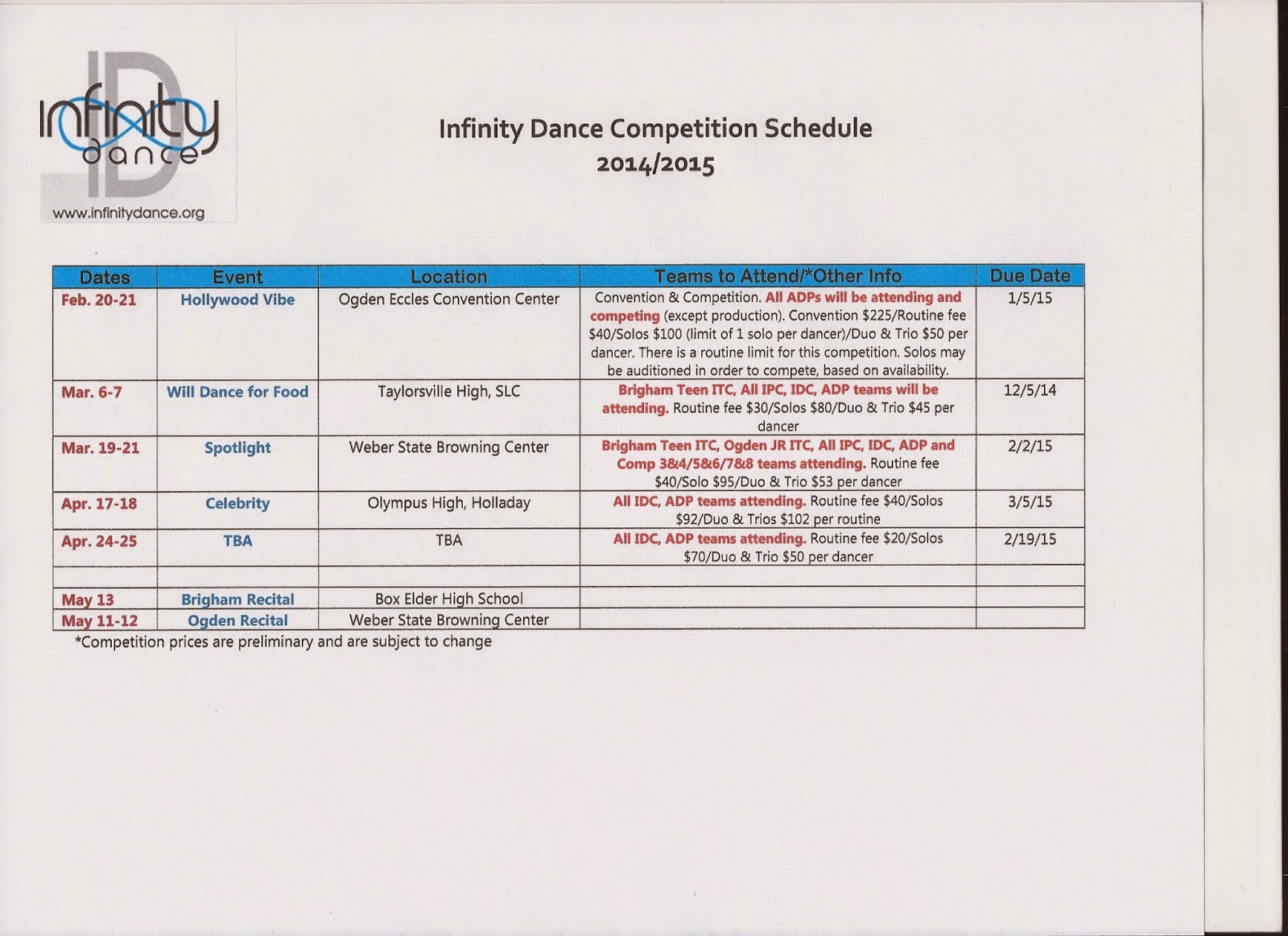 2014-2015 Competition Schedule