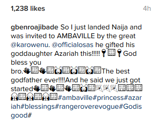 A godfather's blessing! Osas & Gbenro Ajibade's daughter gifted with ...