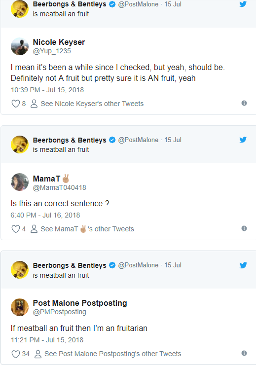 Rapper Post Malone Asked If Meatballs Are A Fruit And Twitter Went ...