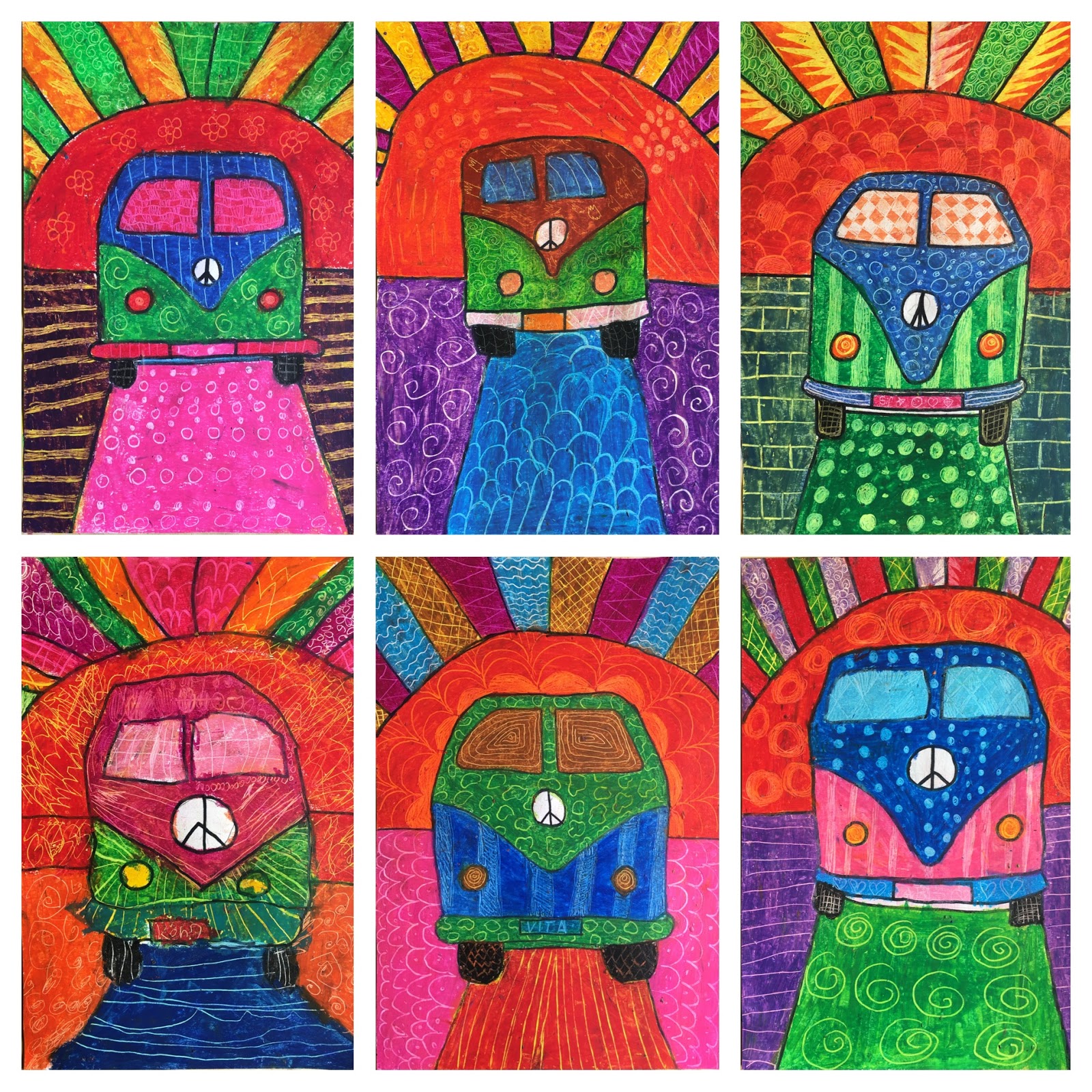 Art Room Britt: Sgraffito Hippie Bus in Oil Pastel