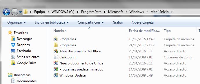 Carpeta de accesos del menu inicio en Windows 7 - Soluciones para Windows