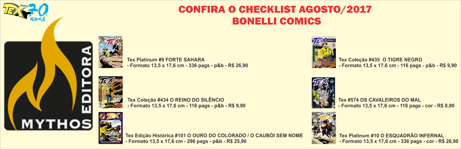 Mythos Editora Confira - CHECKLIST AGOSTO/2017 BONELLI COMICS ~ Tex 70 anos