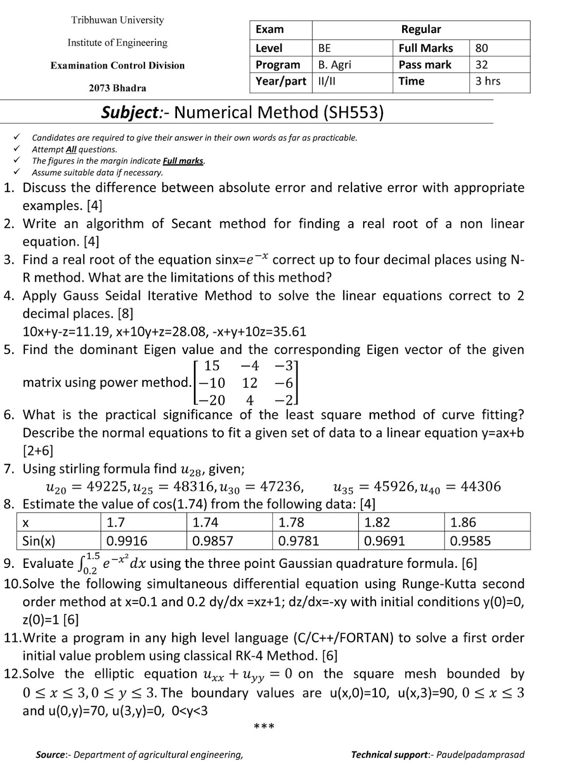 Numerical Method (SH553) - Question Paper 2073 Bhadra B.Agri II/II