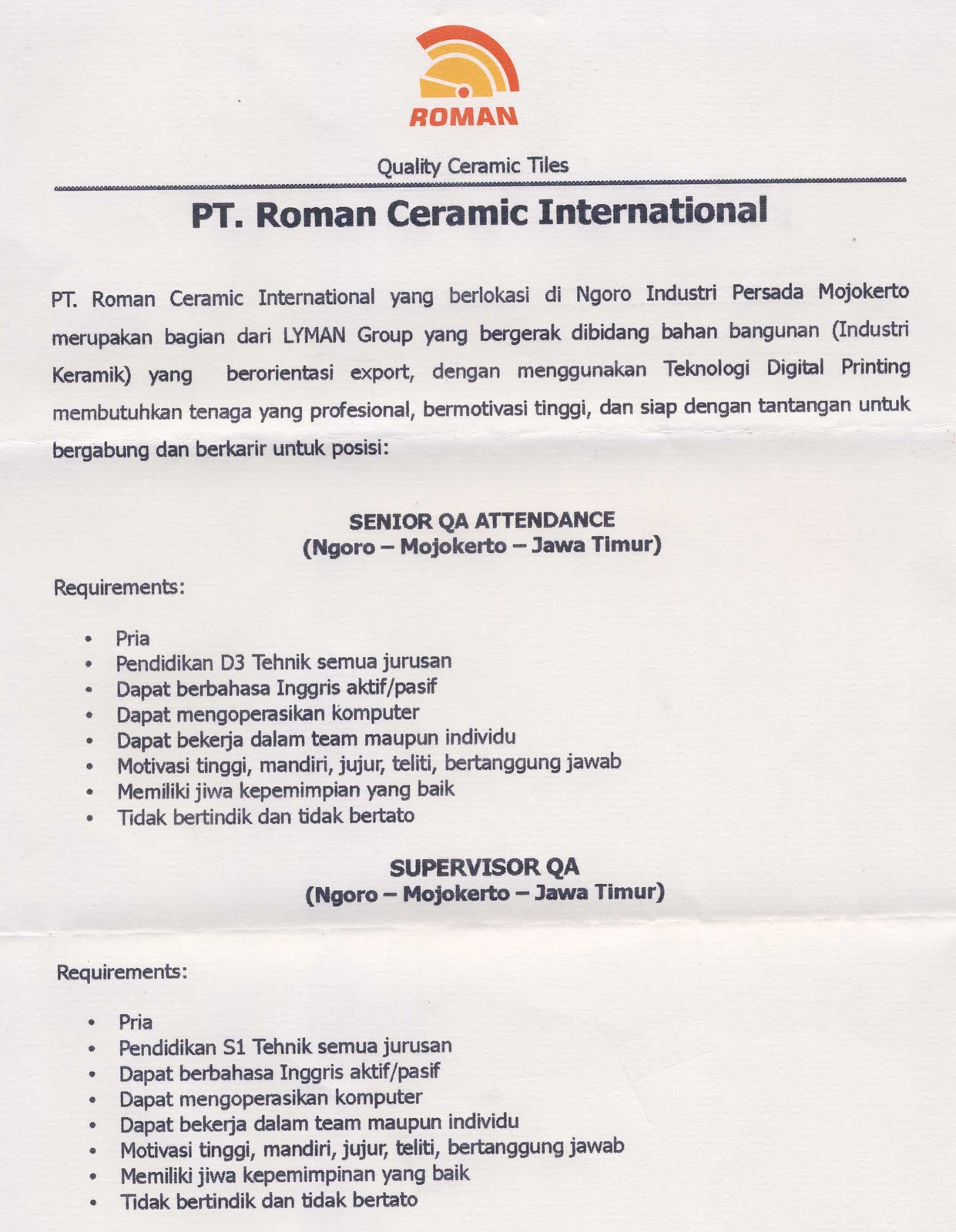 SAC UNIVERSITAS JEMBER: PT. ROMAN CERAMIC INTERNATIONAL