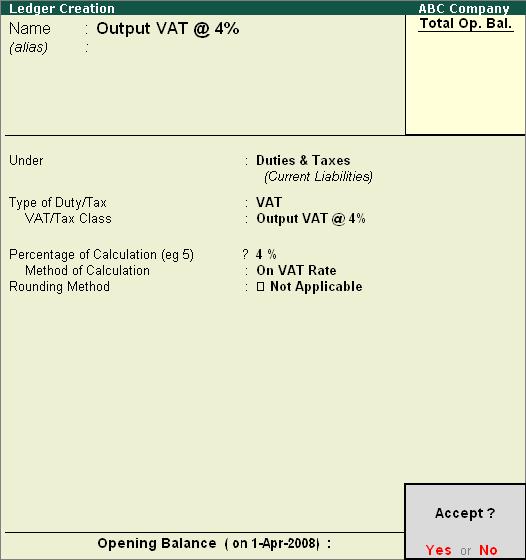 TALLY: CREATING "VAT" LEDGERS