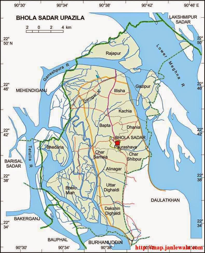 Bhola Sadar Upazila Map, Bhola, Bangladesh