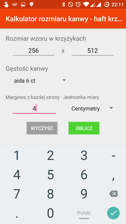 Haft po godzinach: Kalkulator rozmiaru kanwy na telefony Android