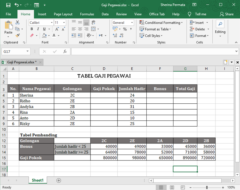 Menentukan Bonus Gaji Pegawai dengan Fungsi Hlookup (Excel 2016 ...