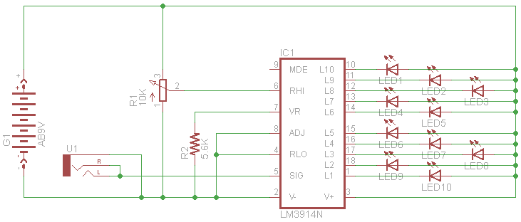 Electronics Blog.: LED Vu meter circuit using breadboard and LM3916 ...