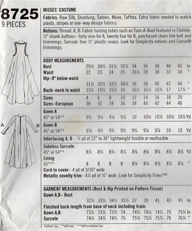 Patrons de costumes: Simplicity 8725