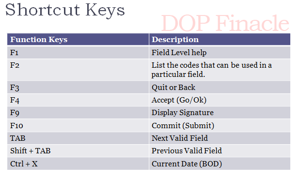 Working Shortcuts / Functional Keys in DOP Finacle ~ DOP Finacle