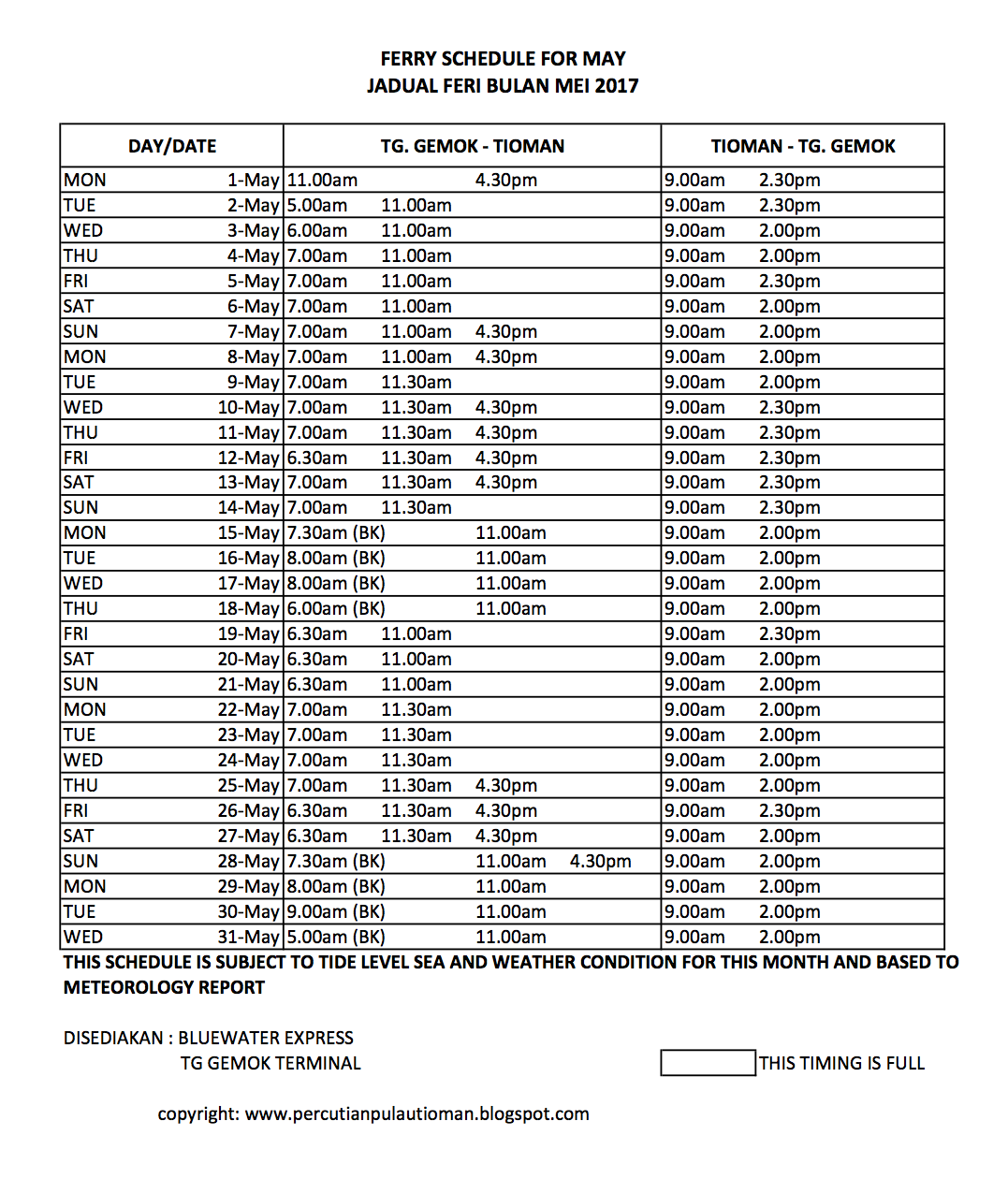 Ferry Schedule For May 2017 (Mersing - Tioman - Mersing) & (Tg. Gemok ...