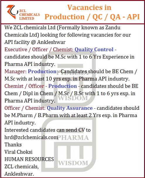 Vacancies in Production / QC / QA - API for B.Pharm / M.Pharm / B.Sc ...