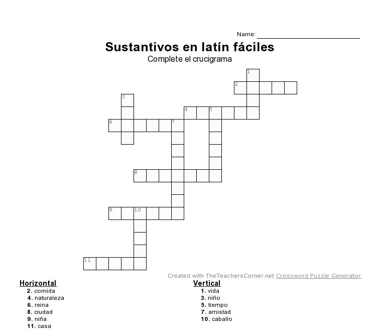Crucigrama de sustantivos fáciles