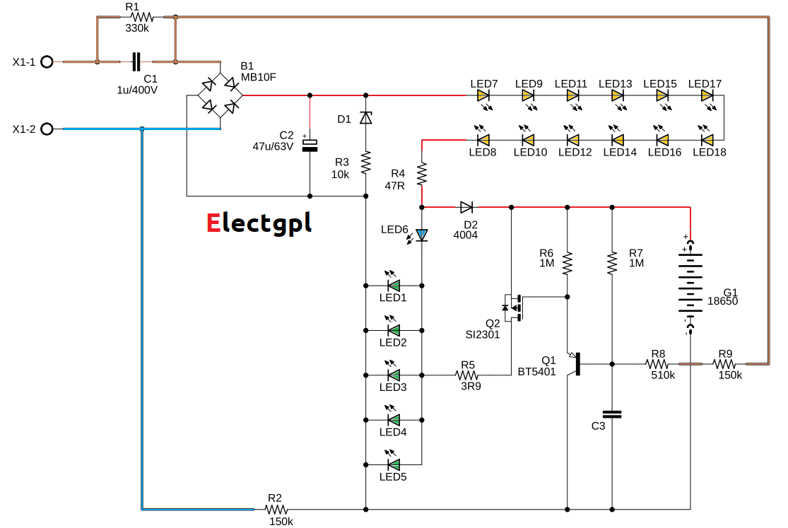 Electgpl Electrónica: Review Lampara LED con Batería - Circuito