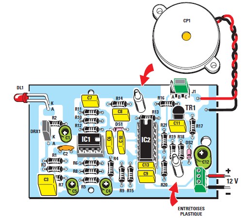 Figure 12a : Schéma d’implantation des composants du récepteur. Le buzzer