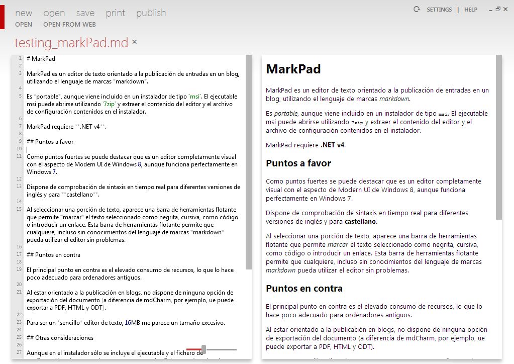 Probando MarkPad, un editor de markdown con estilo Modern UI