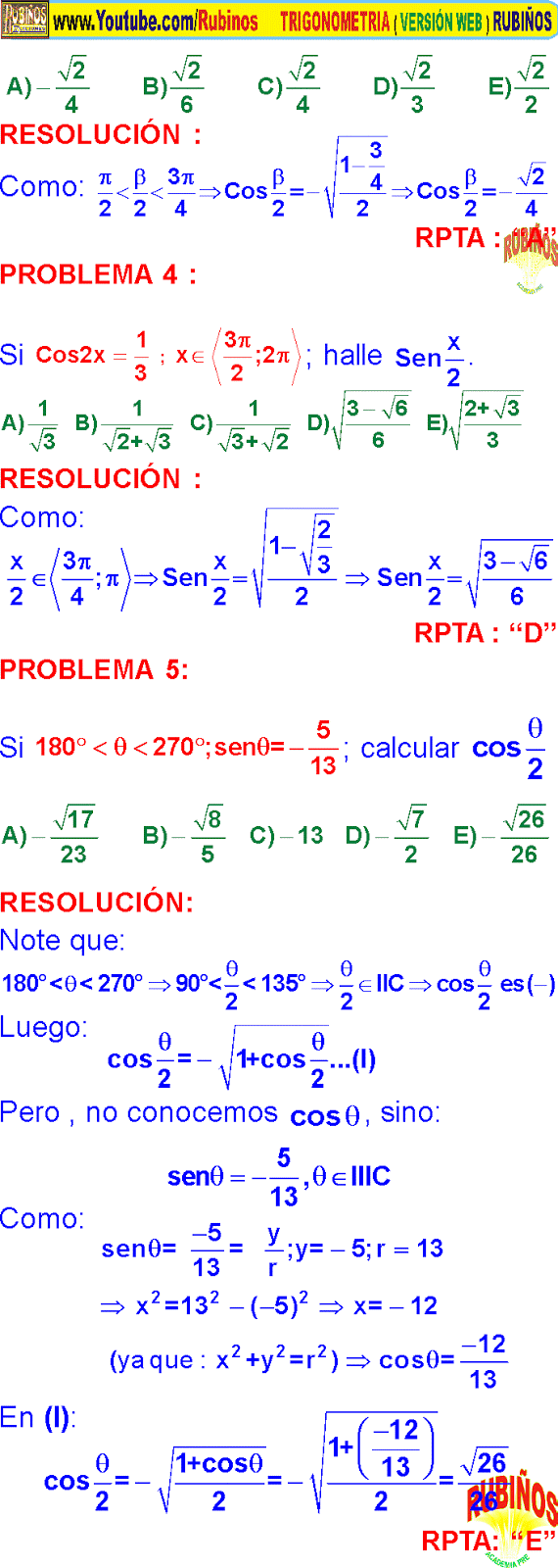 IDENTIDADES DEL ANGULO MITAD EJERCICIOS RESUELTOS DE TRIGONOMETRIA PDF