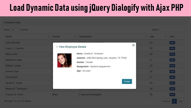 Ajax PHP - Load Data in Modal with Dialogify Plugin | Webslesson Ajax PHP - Load Data in Modal with Dialogify Plugin | Webslesson