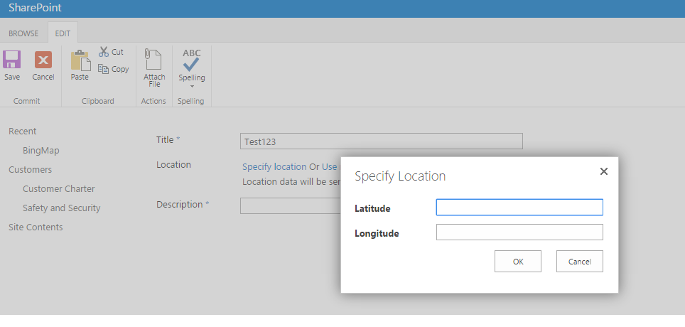 Creating a map view from the SharePoint UI using the Geo location field.