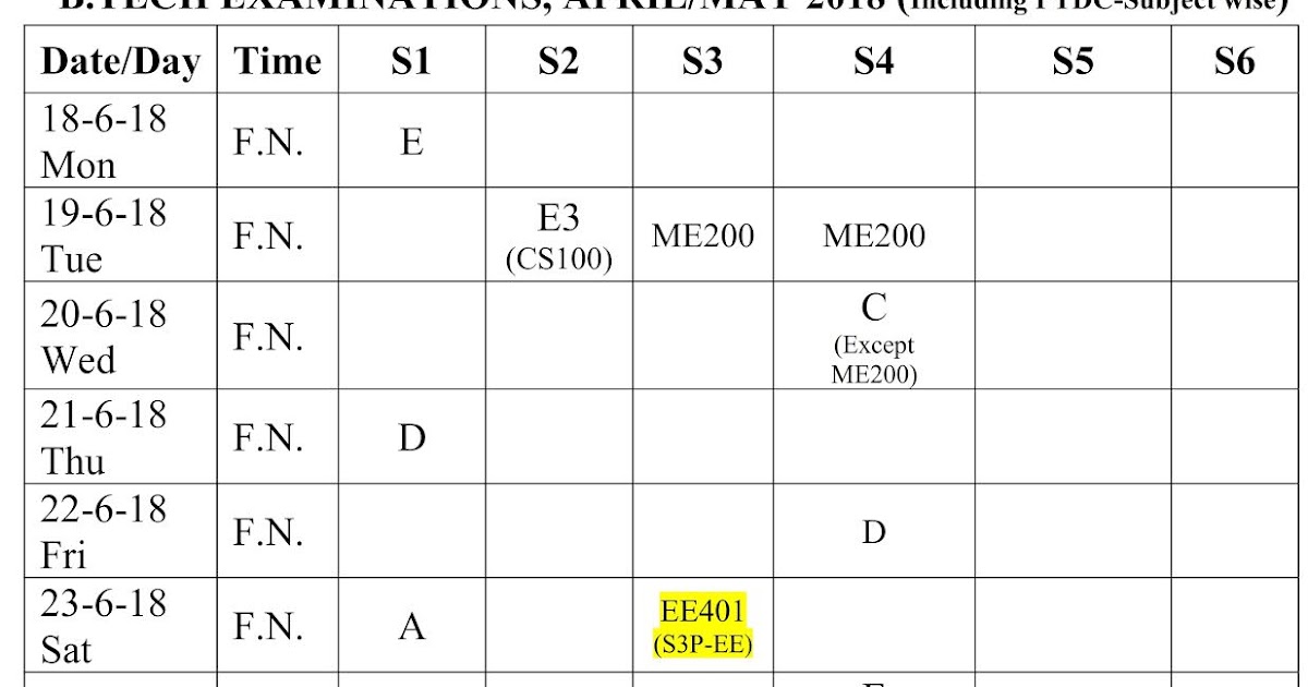 Rescheduled Time Table (Slot-wise) of B.Tech Exams is Published | KTU Students - Engineering ...
