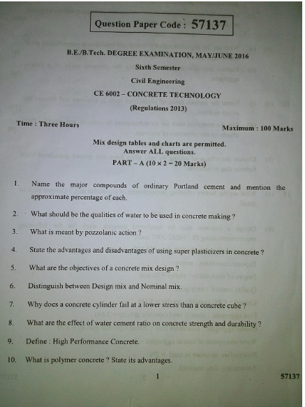 CE6002 Concrete Technology May June 2016 Question Paper - University ...