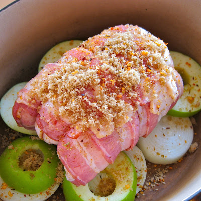 JULES FOOD...: Pig Cheeks wrapped with Bacon, Brown sugar and Onion