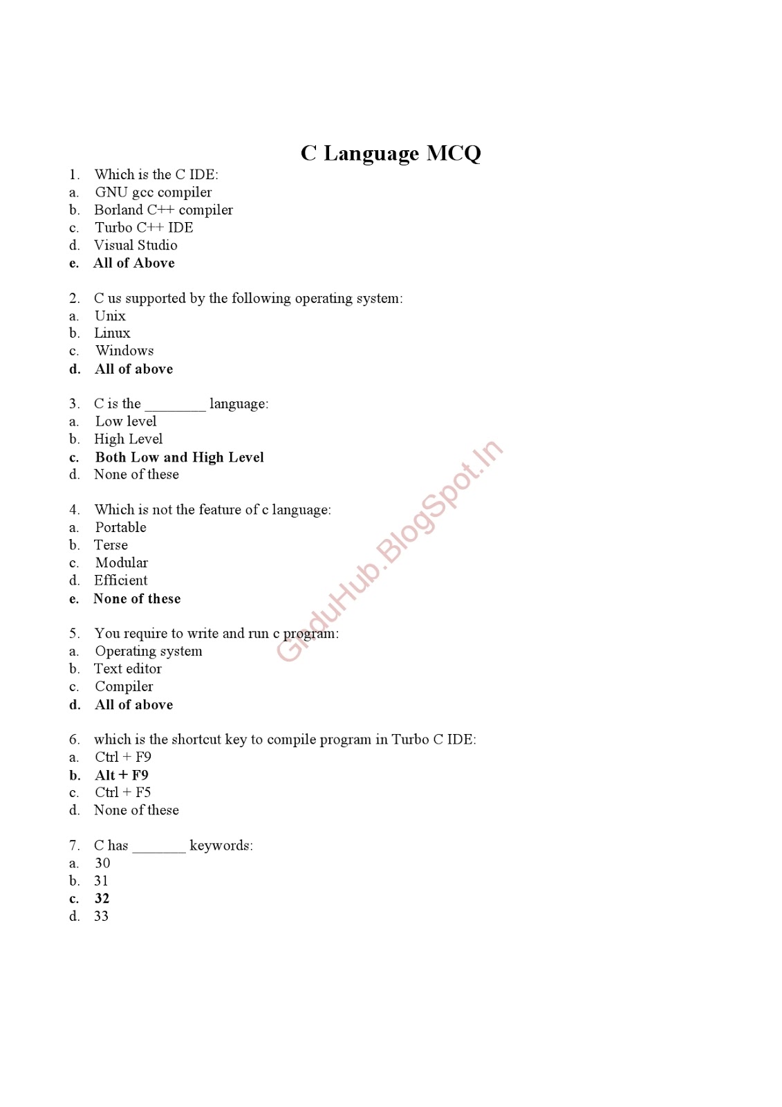 Basic C Language 80 Mcq Pdfgnduhub ~ Next Generation Knowledge Hub